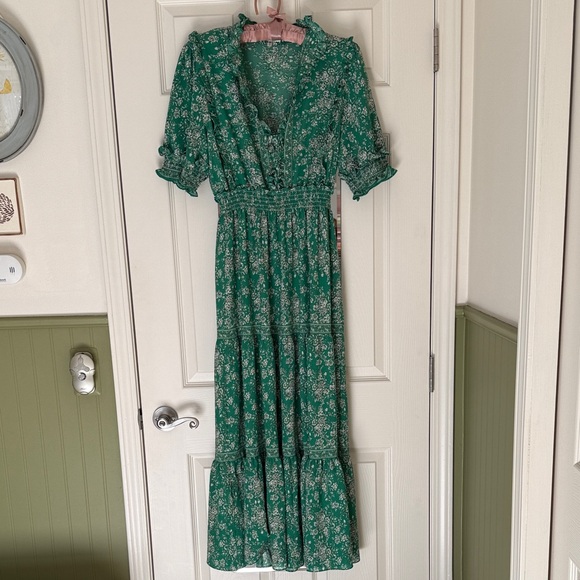 Max Studio | Dresses | Max Studio Green Floral Maxi Dress With Gathered ...